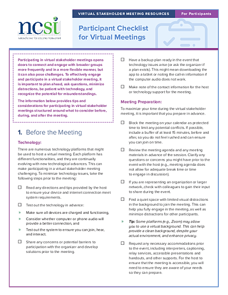 Participant Checklist for Virtual Meetings – National Center for ...