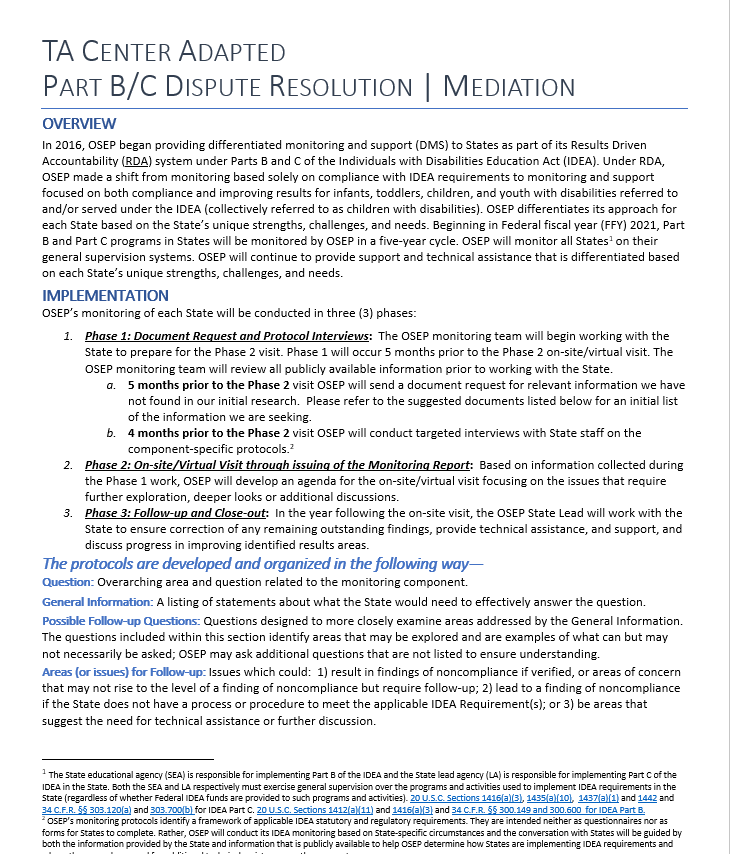 TA Center Adapted OSEP DMS Protocol – Dispute Resolution: Mediation – National Center for ...