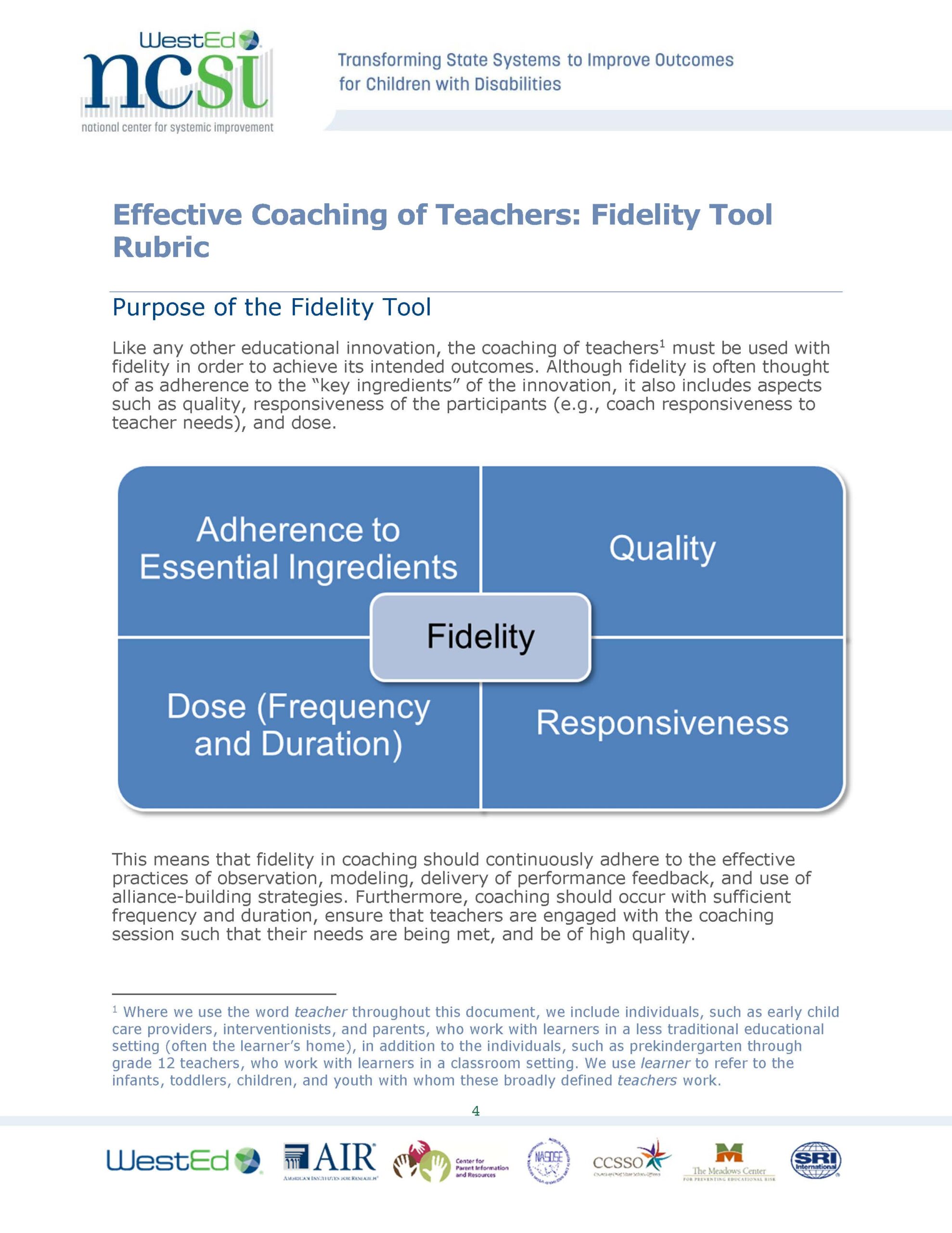 Effective Coaching Of Teachers Fidelity Tool Rubric National Center For Systemic Improvement