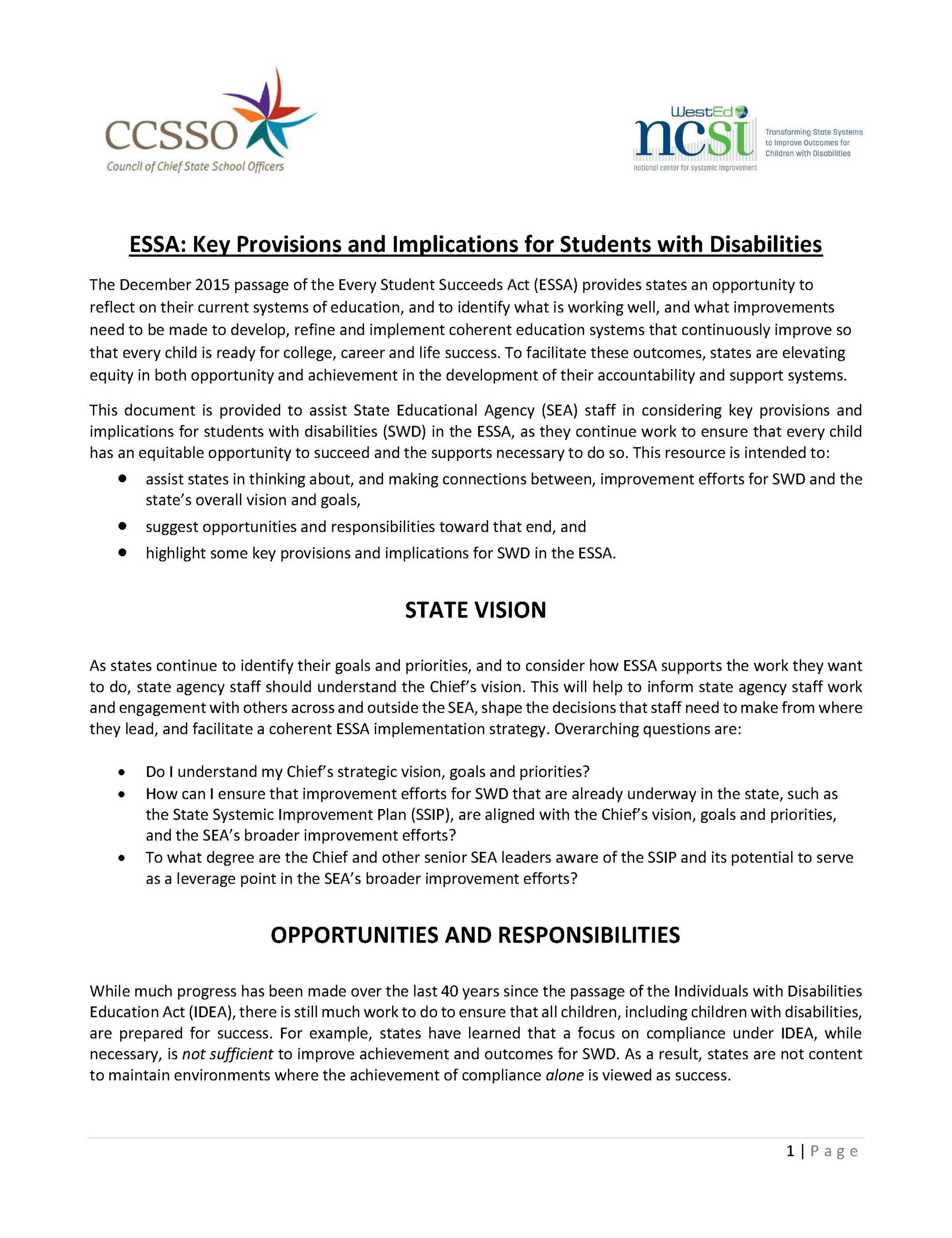 ESSA: Key Provisions and Implications for Students with Disabilities ...