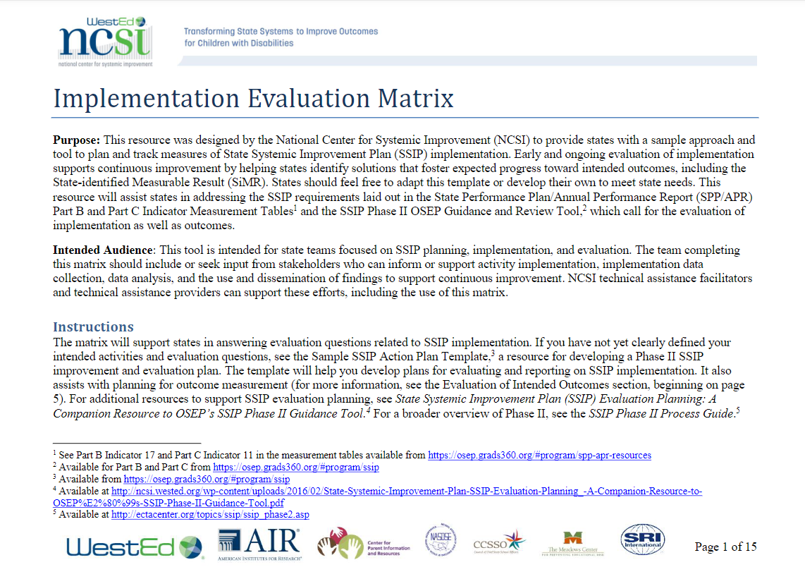 Implementation Evaluation Matrix – National Center for Systemic Improvement